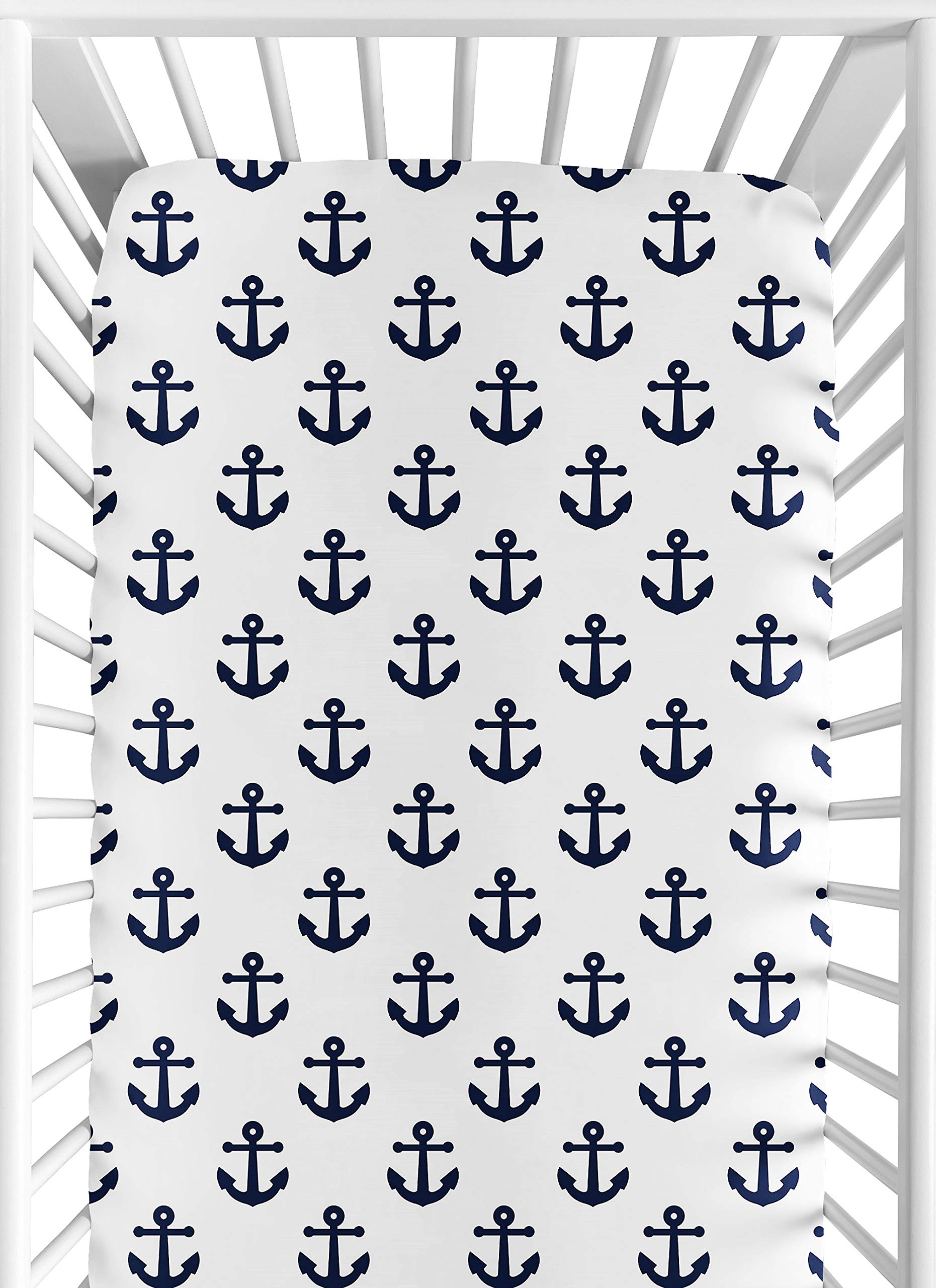 Sweet Jojo Designs Navy Blue White Anchors Boy Girl Fitted Crib Sheet Baby or Toddler Bed Nursery - Nautical Theme Ocean Sailboat Sea Marine Sailor Anchor Unisex Gender Neutral