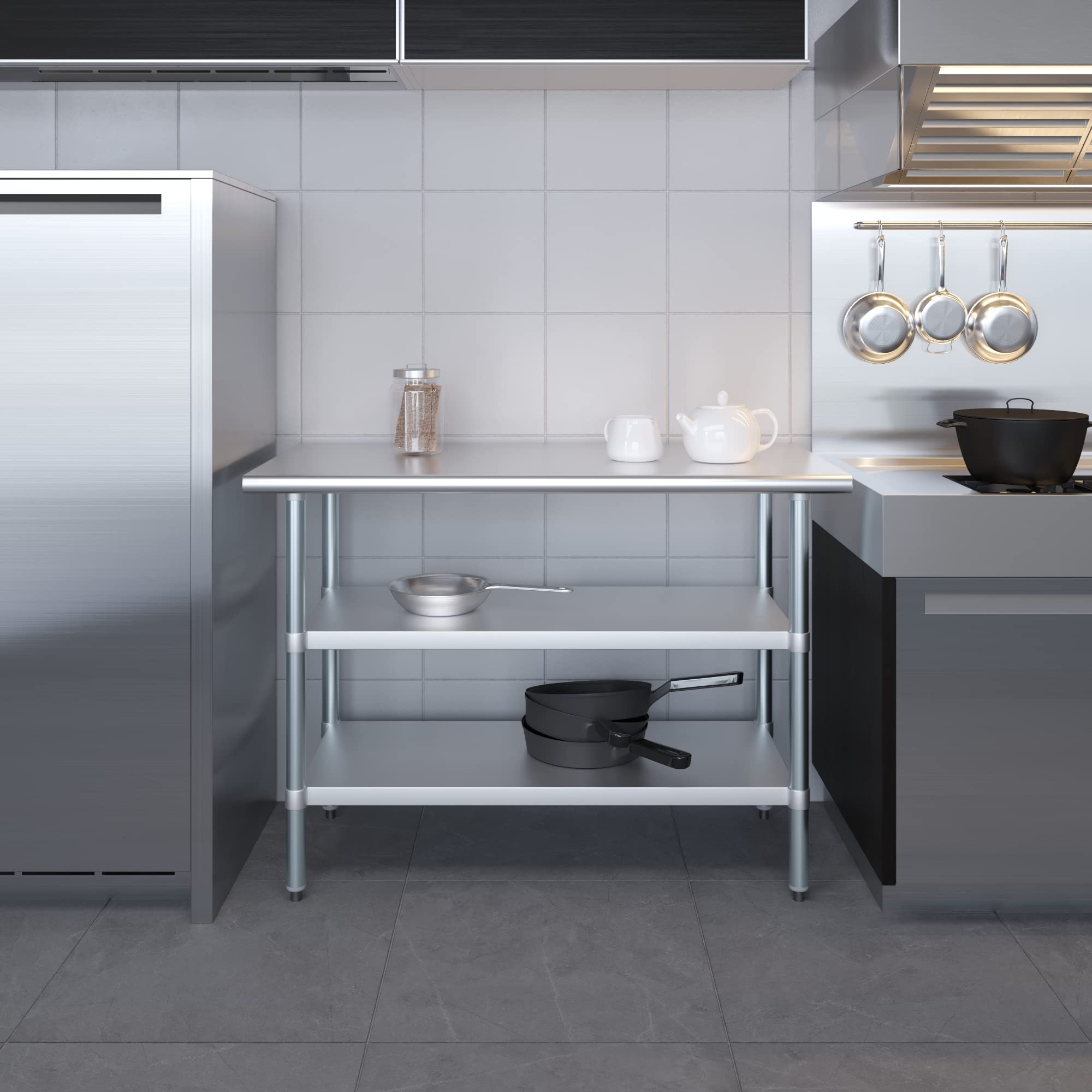 48" Long X 24" Deep Stainless Steel Work Table with 2 Shelves | Metal Food Prep Station | Commercial & Residential NSF Utility Table