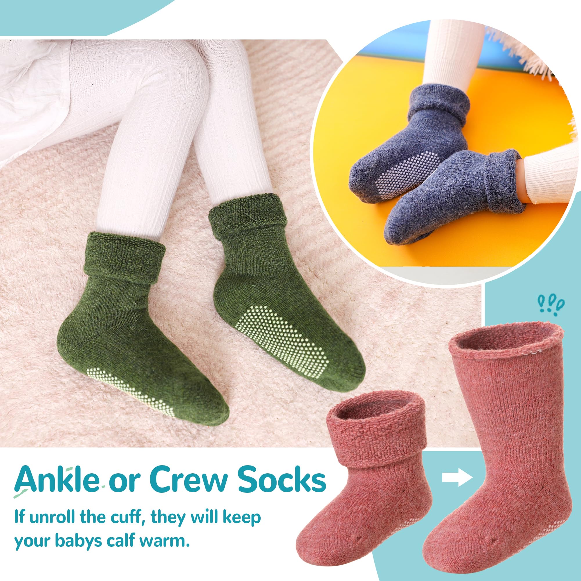 6 Pairs Baby Boy Girl Non Slip Socks Child Toddler Winter Thick Soft Wool Kids Warm Socks with Grips (Solid Color B, 1-3T)
