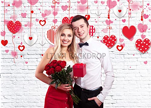 LTLYH 8x6ft Valentine's Day Backdrop White Brick Wall Red Hearts Photography Background Valentine's Day Wedding Bridal Shower Birthday Party Decor Banner Portrait 088