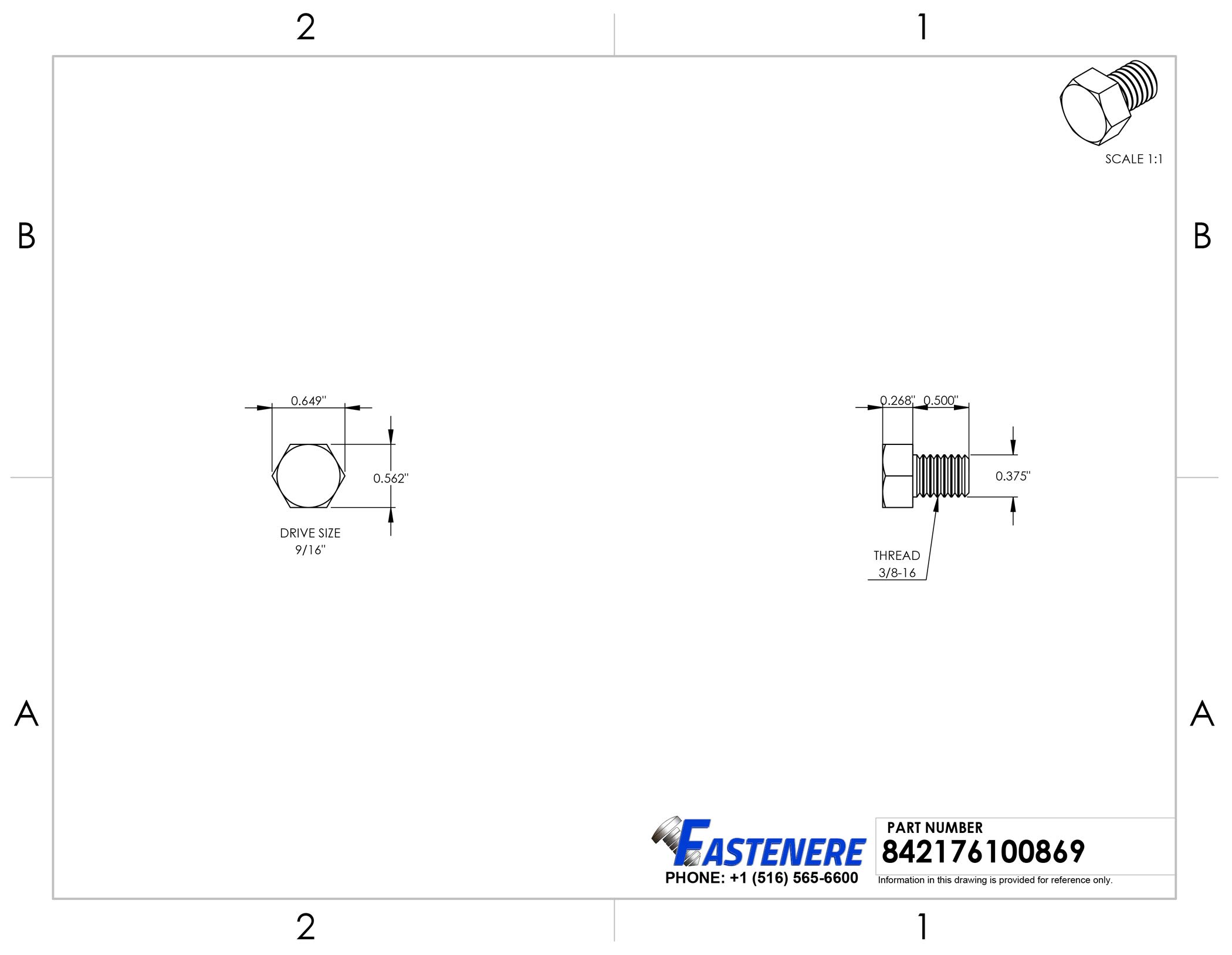 3/8-16 x 1/2" Hex Head Cap Screw Bolts, External Hex Drive, Stainless Steel 18-8, Full Thread, Bright Finish, Flat Point, Quantity 10 by Fastenere
