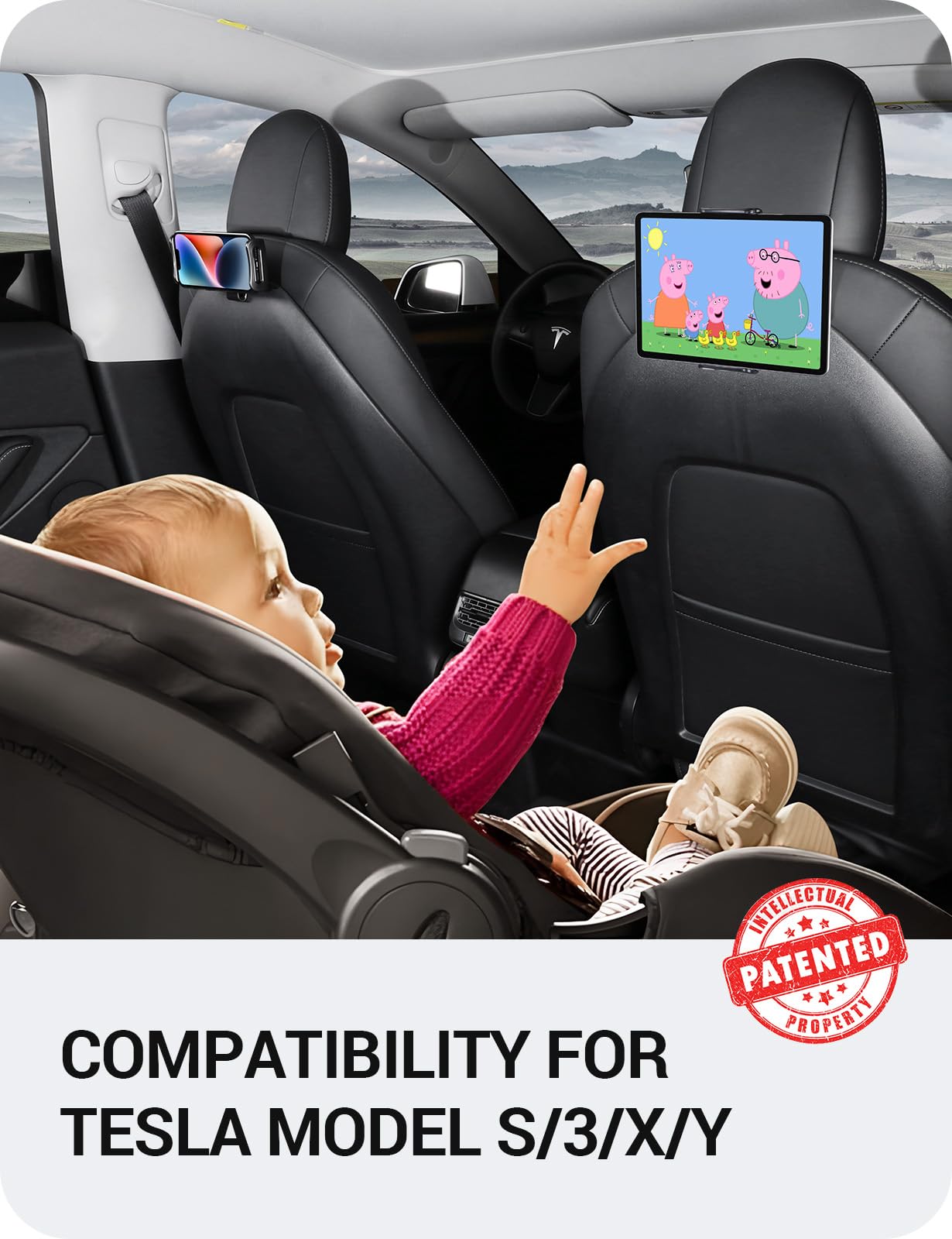 BASENOR 2025 Upgraded Tesla Model Y Model 3 Model S Model X LR/Plaid Tablet Holder Headrest Tablet Mount, 360° Adjustable Travel Rotation Tesla Car Headrest Stand Cradle Accessories