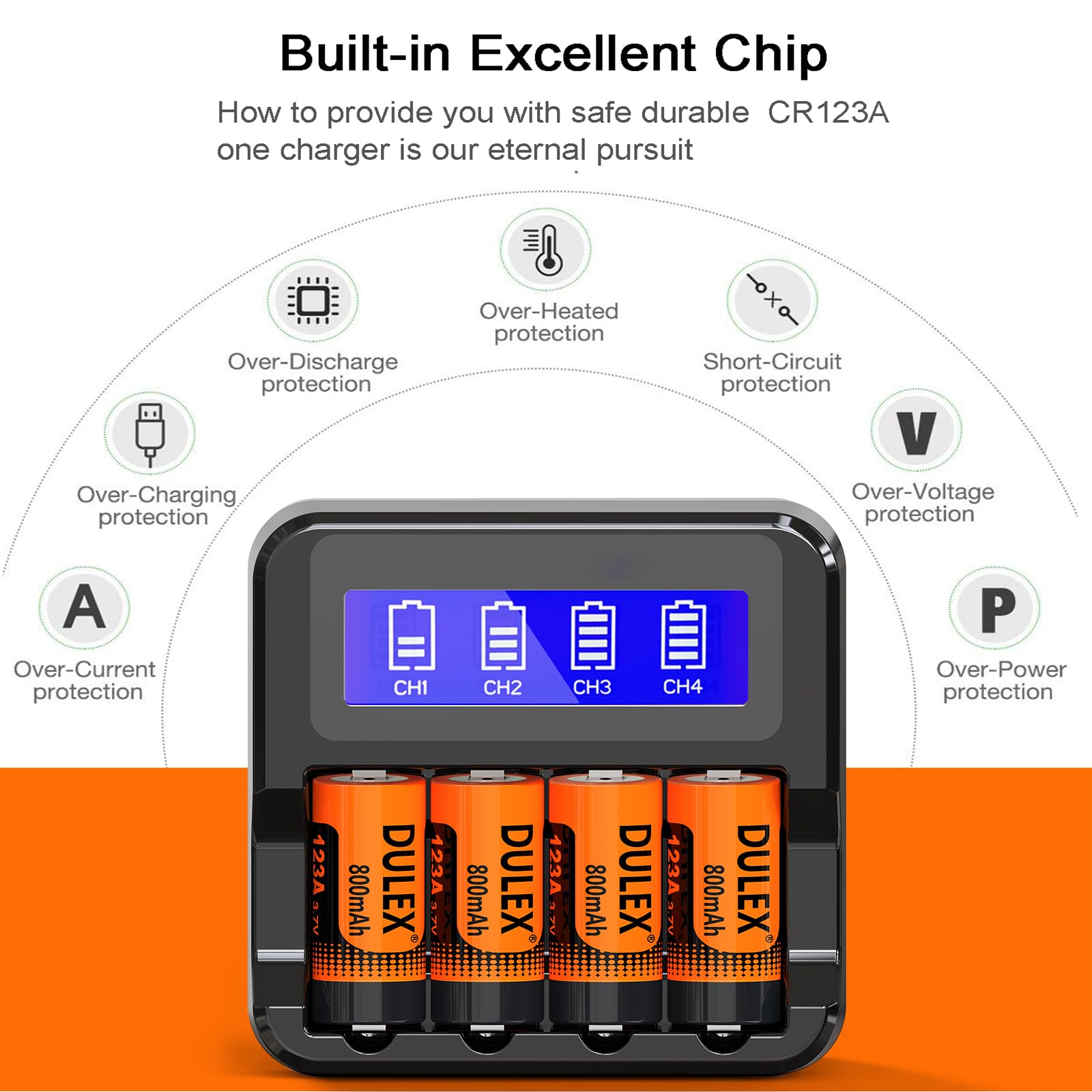 DULEX 4-Pack 3.7V 800mAH 123A Rechargeable Batteries and Charger Replacement 3V CR123A Batteries Compatible with Arlo VMS3130 VMC3030 3200 3330 3430 3530 Security Cameras, Alarm System, Flashlight