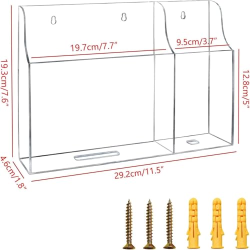 Yoillione Wall Mount Tablet and Phone Charging Stand for Tablet, Smartphone, E-Book, 2 Slots Remote Control Holder for TV, Air Conditioning, Clear Acrylic Remote Storage Media Organizer Box