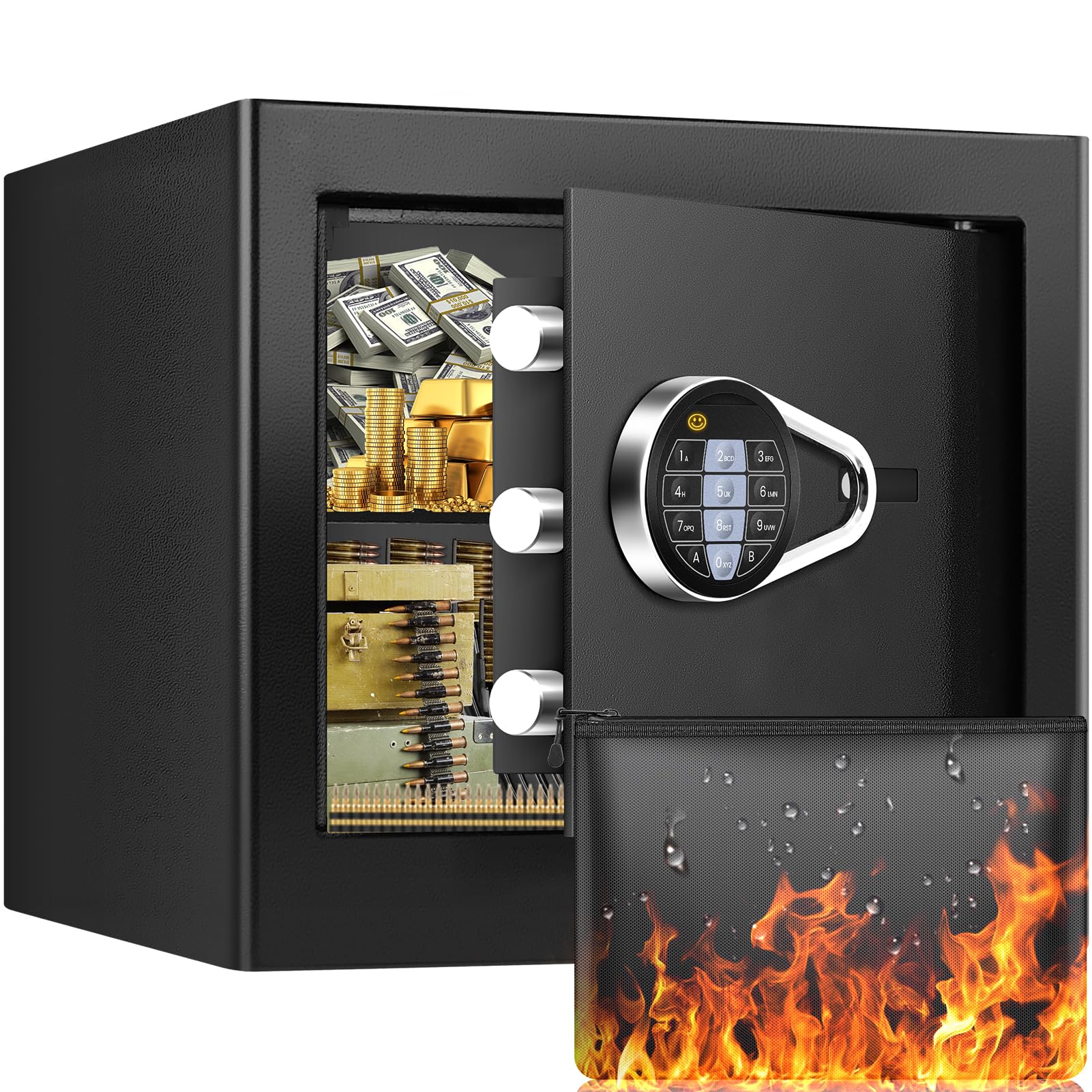 1.2 Cuft Fire Proof Safe Boxes for Home, Digital Home Security Safe Box with Fireproof Money Bag, Combio Keypad and Spare Keys, Personal Safe Fireproof Lock Box for Home Medicine Valuable Document