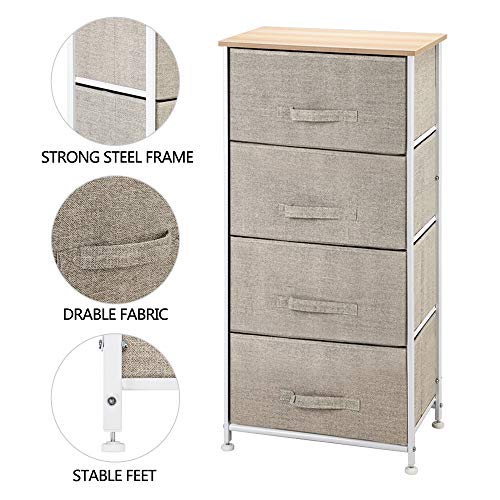 Byouth 4-Tier Dresser Tower, Fabric Drawer Organizer with 4 Easy Pull Drawers with Metal Frame,Wooden Tabletop for Living Room, Closet (Linen)