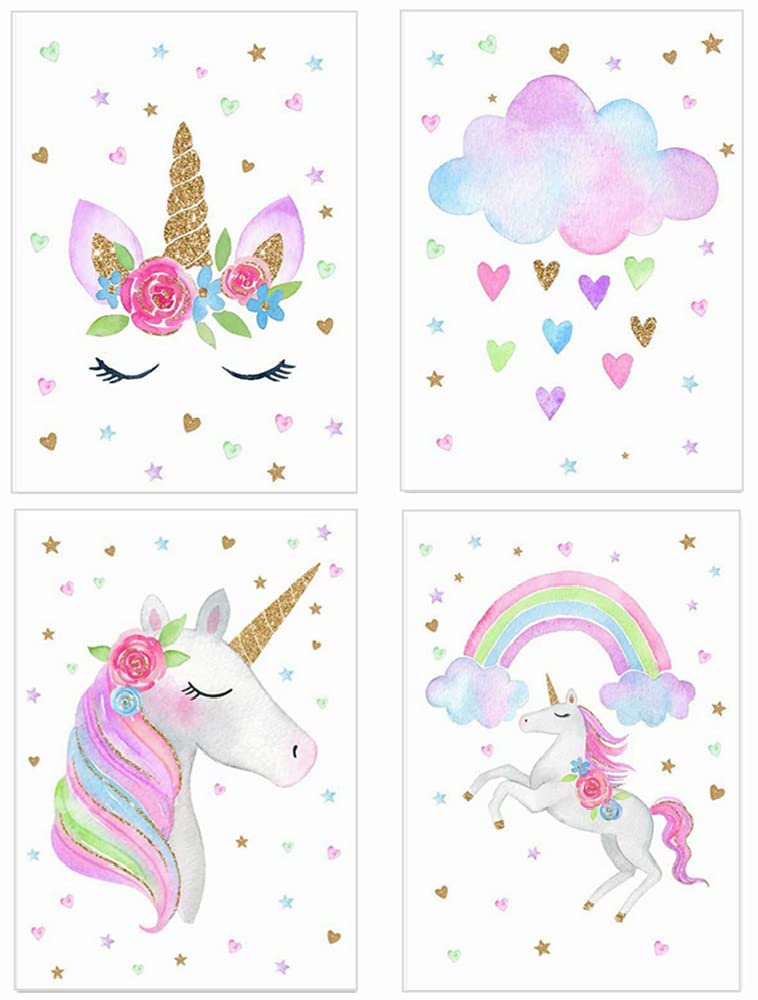 Kiddale Unicorn Wall Posters Water Color Rainbow Unicorn Canvas Wall Art Prints Painting for Girls Kids Bedroom Nursery Décor,Set of 4 Unframed