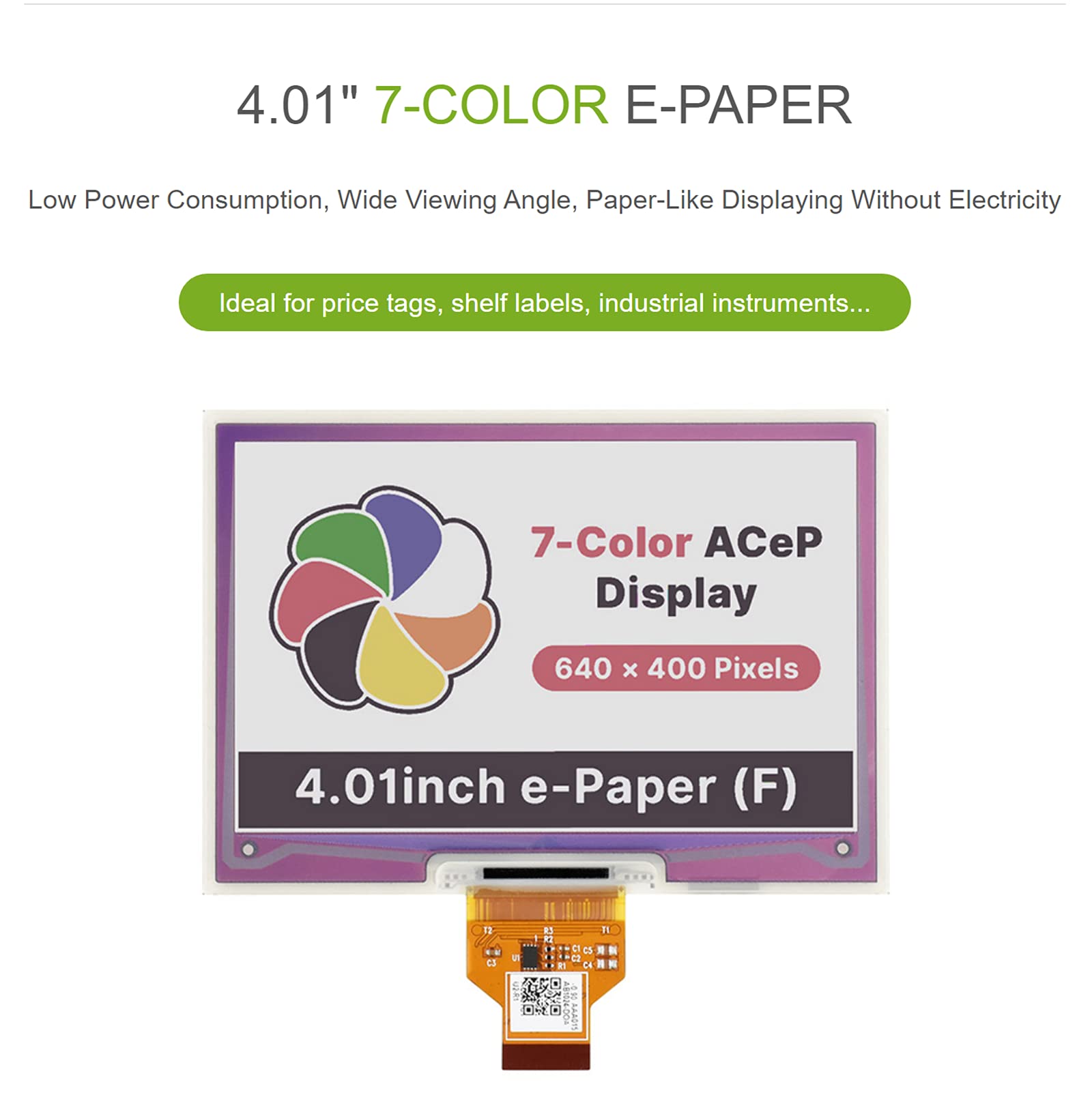 waveshare 4.01 inch Colorful E-Paper E-Ink Display 640×400 ACeP 7-Color eink Raw Display 3.3V Advanced Color ePaper Screen Without PCB, SPI Interface