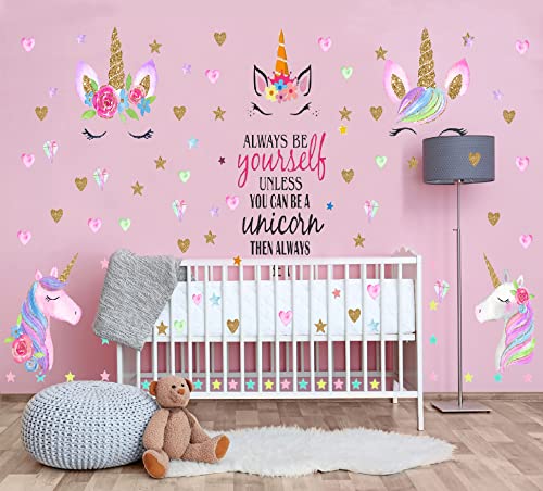 3 Sheets Unicorn Wall Decals Removable Unicorn Wall Stickers,Bring 100 Pcs Stars Noctilucent Stickers.Murals Decals for Wall Decorate Kids Bedroom Room Decoration