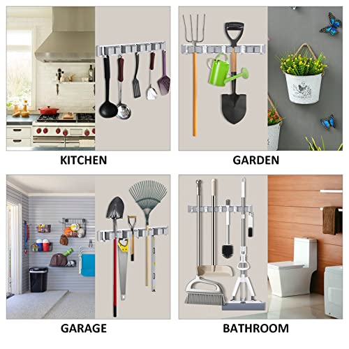 2 Pack Mop Broom Holder Wall Mount, Garden Tool Storage Organizer, Wall Hanger Hooks Rack for Home, Metal Aluminum Garage Laundry Room Organization and Storage, Silver (4 Slots&5 Hooks)