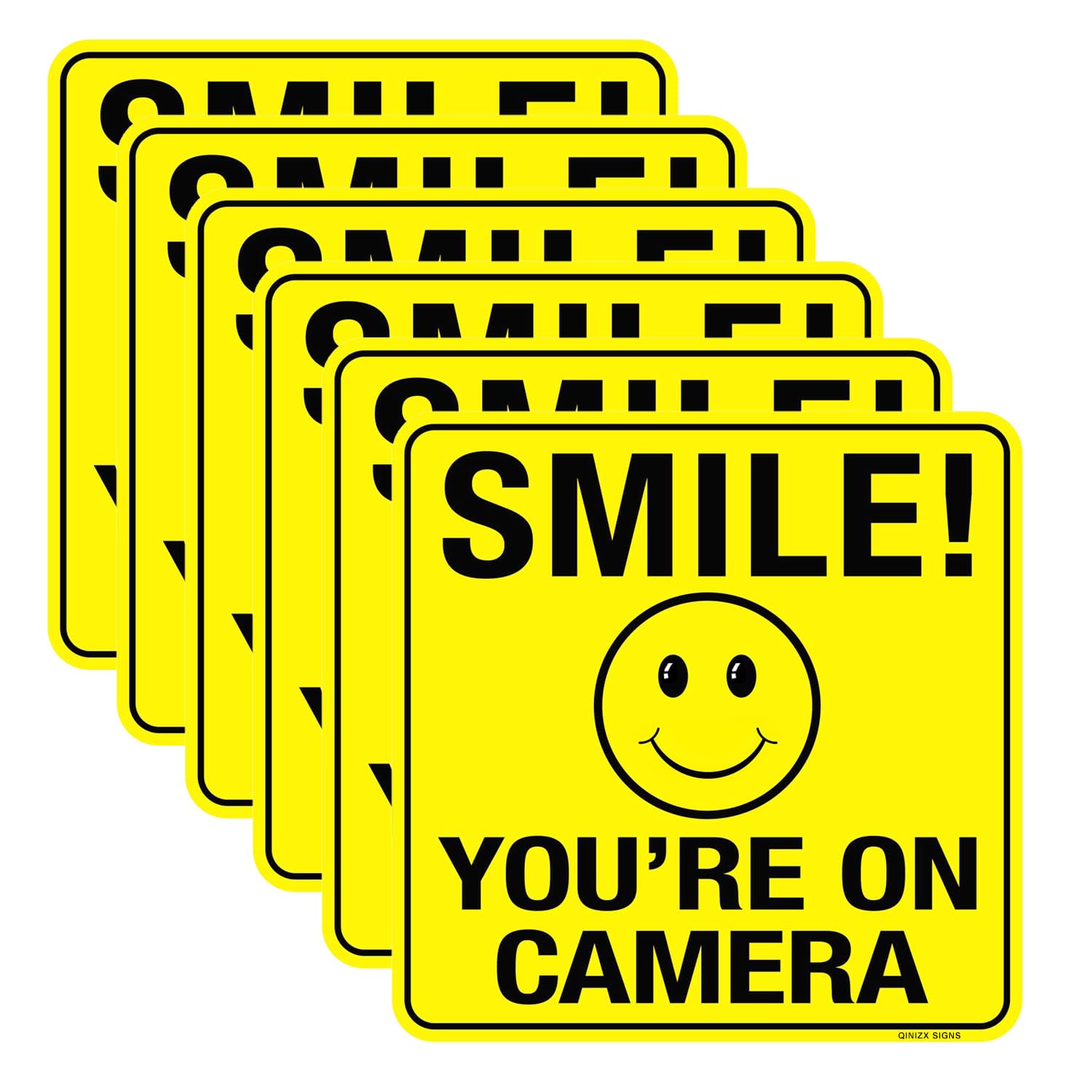 6 Pack Smile You're On Camera Sign, 6" x 6" Video Surveillance Signs, Self Adhesive Vinyl Decal UV Protected & Weatherproof Home Security Stickers, Indoor and Outdoor Use Yellow, Black