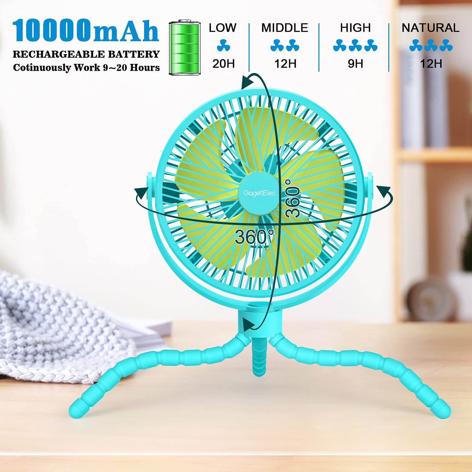 GagetElec 8-Inch Stroller Fan for Baby,10000mAh Personal Portable Fan 4 Speeds Car Seat Baby Fan with Flexible Tripod Fix on Stroller,Car Seat,Golf Cart