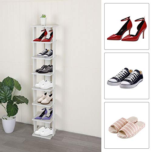 MorNon 7-Tier Shoe Rack,Shoe Storage Tower Modern White Wooden Shoe Shelves for Bedroom Living Room Saving Space (White)