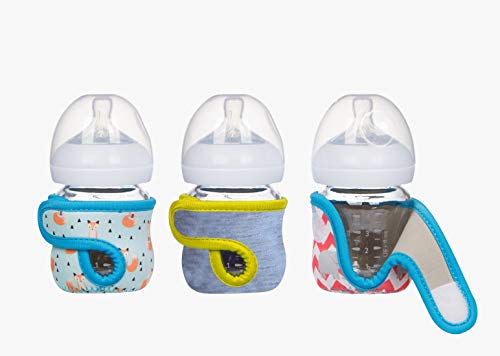 4oz (Set of 3 pcs) Miracle Bean Neoprene Baby Bottle Sleeves – Adjustable Sleeves. Glass Bottles – Improved Heat/Cold Retention – Moisture, Non-Slip Grip – Fox, Elephant and Heather Grey