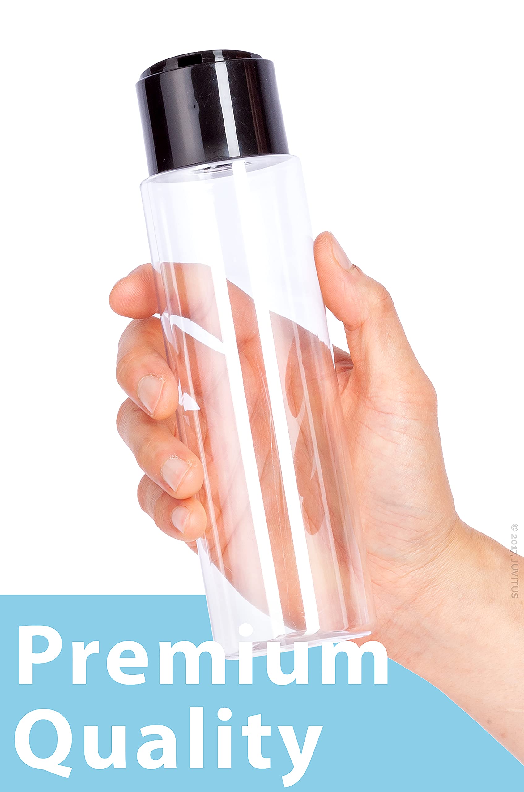 JUVITUS Clear 12 oz Professional Cylinder PET Plastic Bottles (BPA Free) (12 Pack, Wide Black Disc Cap)