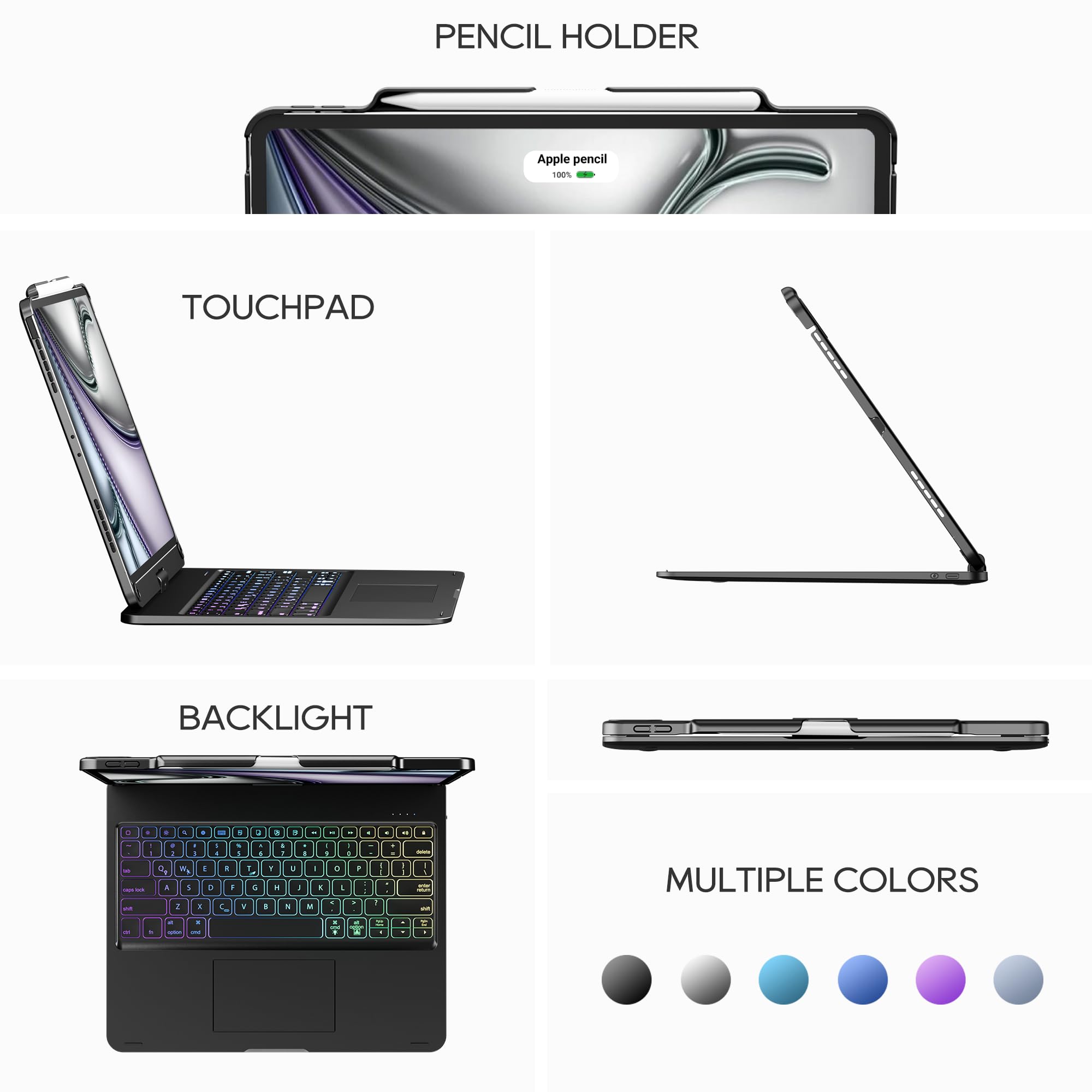 edaiser Swivel Keyboard Case for Apple iPad Pro 12.9 inch 6th Generation 5th 4th 3rd Gen; Wireless Rotatable Cover with Pencil Holder, Multi-Touch Trackpad, Backlit, Black