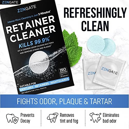 Retainer Cleaner - Denture Cleaning Tablets - Formulated in USA - Clean Mouth Guard, Aligner, Night Guard in 3 Minutes - 120 Tabs Big Pack - 4 Month Supply - Dental Cleanser for Teeth Appliances