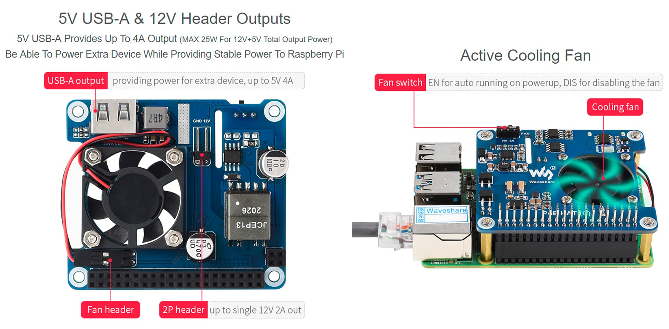 BFab Power Over Ethernet (C) for Raspberry Pi 4B/3B+, POE HAT Board with Cooling Fan,Support IEEE 802.3af/at-Compliant Network,5V USB-A and 12V Header Outputs to Use More Peripherals