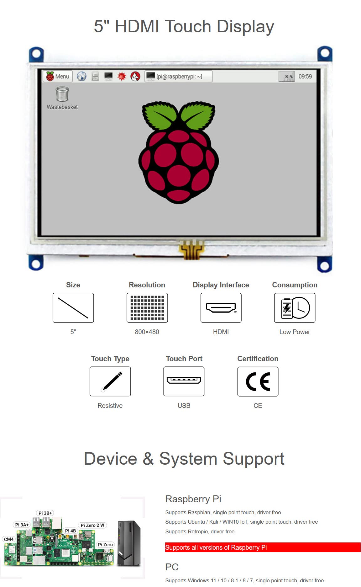 5 inch 800x480 Resistive Touch Screen HDMI interface custom Raspbian LCD mini PC Supports Raspberry Pi 3 2 1 Model B B+ A+ & BeagleBone Black & Banana Pi / Banana Pro @XYGStudy