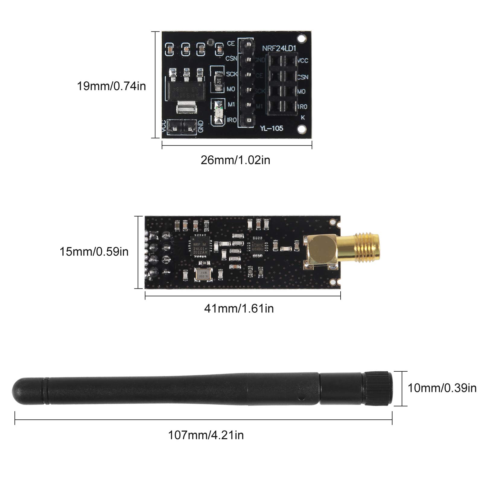 2Pcs NRF24L01+PA+LNA RF Wireless Transceiver Module with SMA Antenna 2.4G 1100m & Wireless Module with Breakout Adapter On-Board 3.3V Regulator