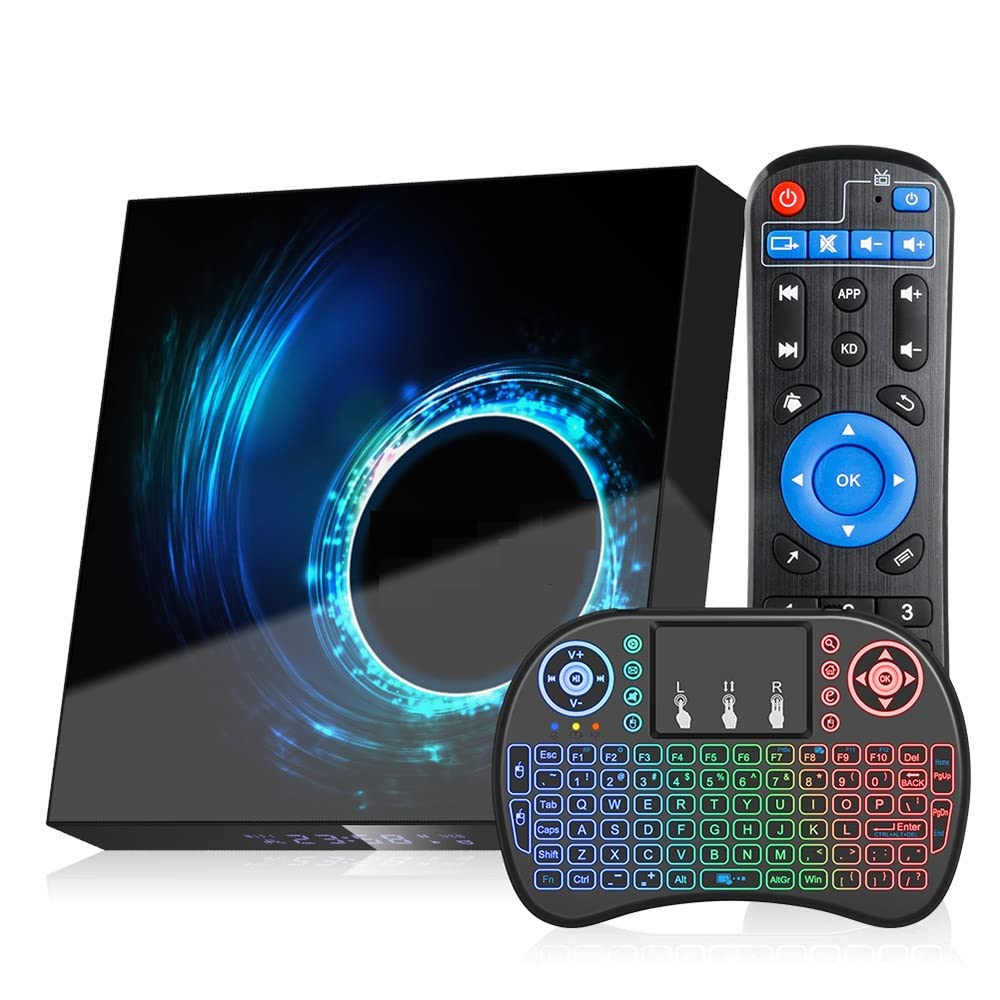 Android 10.0 TV Box,Android TV Box 4GB RAM 32GB ROM with Allwinner H616 Quad-Core 64bit,Supports 2.4G/5GHz Dual WiFi/BT5.0/ 6K/4K Ultra HD/3D/ H.265 Smart Android TV Box with Mini Backlic Keyboard