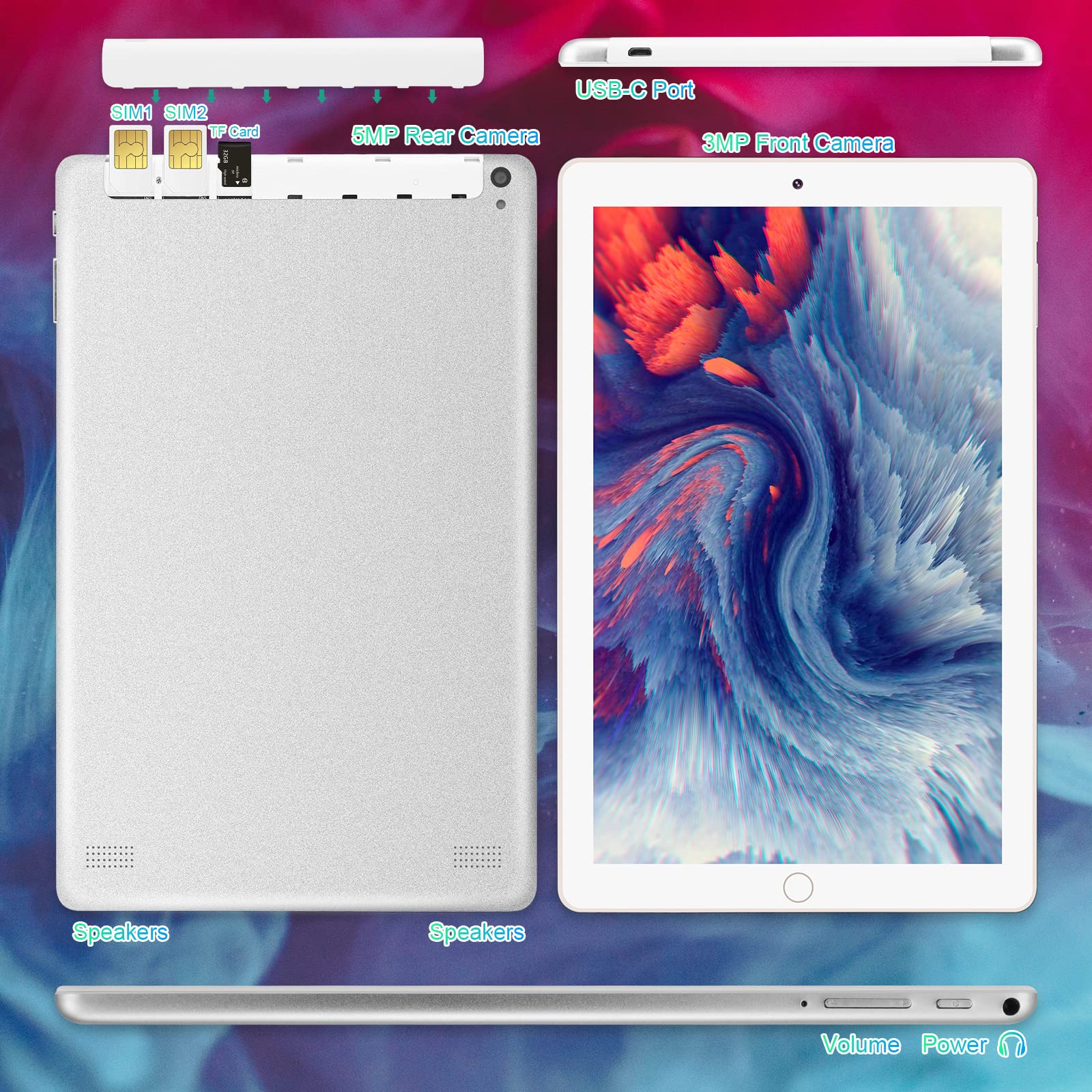 10 Inch Tablet Android 9.0 OS, 3G Phone Tablets with Dual SIM,16GB ROM, Qcta-Core CPU,Dual Camera, 2.4Ghz WiFi, 1080P HD IPS Display,GPS, Bluetooth, 5000mAh