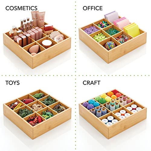 mDesign Bamboo Kitchen Pantry Storage Organizer Box - 9 Divided Sections, Open Top, Decorative Holder for Tea Bags, Snack Packets, Small Items, Accessories, Echo Collection - Natural Wood/Tan