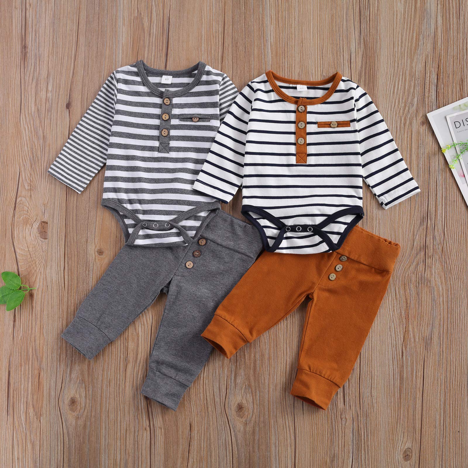 2Pcs/Set Newborn Baby Boys Outfit Long Sleeve Striped Bodysuit Romper Solid Pants Fall Winter Clothes (Khaki, 0-3 Months)