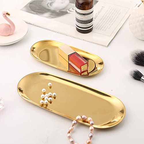 2 Pack Oval Decorative Brass Trays with Mirror Finish, 9”Small Gold Tray with Curved Lip, Dessert Table Serving Platter Vanity Jewelry Metal Tray for Desktop, Exxacttorch