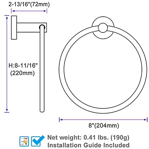 Bathroom Towel Ring Matte Black, Angle Simple Stainless Steel Bath Towel Holder, Wall Mounted Round Towel Hanger, 8-Inch