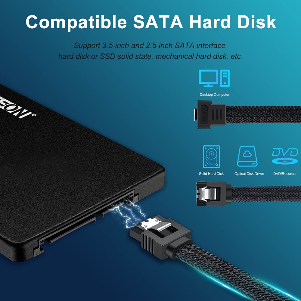 ELECTOP SATA III Cable, 6Gbps 90 Degree Right Angle HDD SDD Data Cable, SATA 3.0 Nylon Braided Cable with Locking Latch for SATA HDD, SSD, CD Driver, CD Writer(20 Inch, Black,5 Pack)
