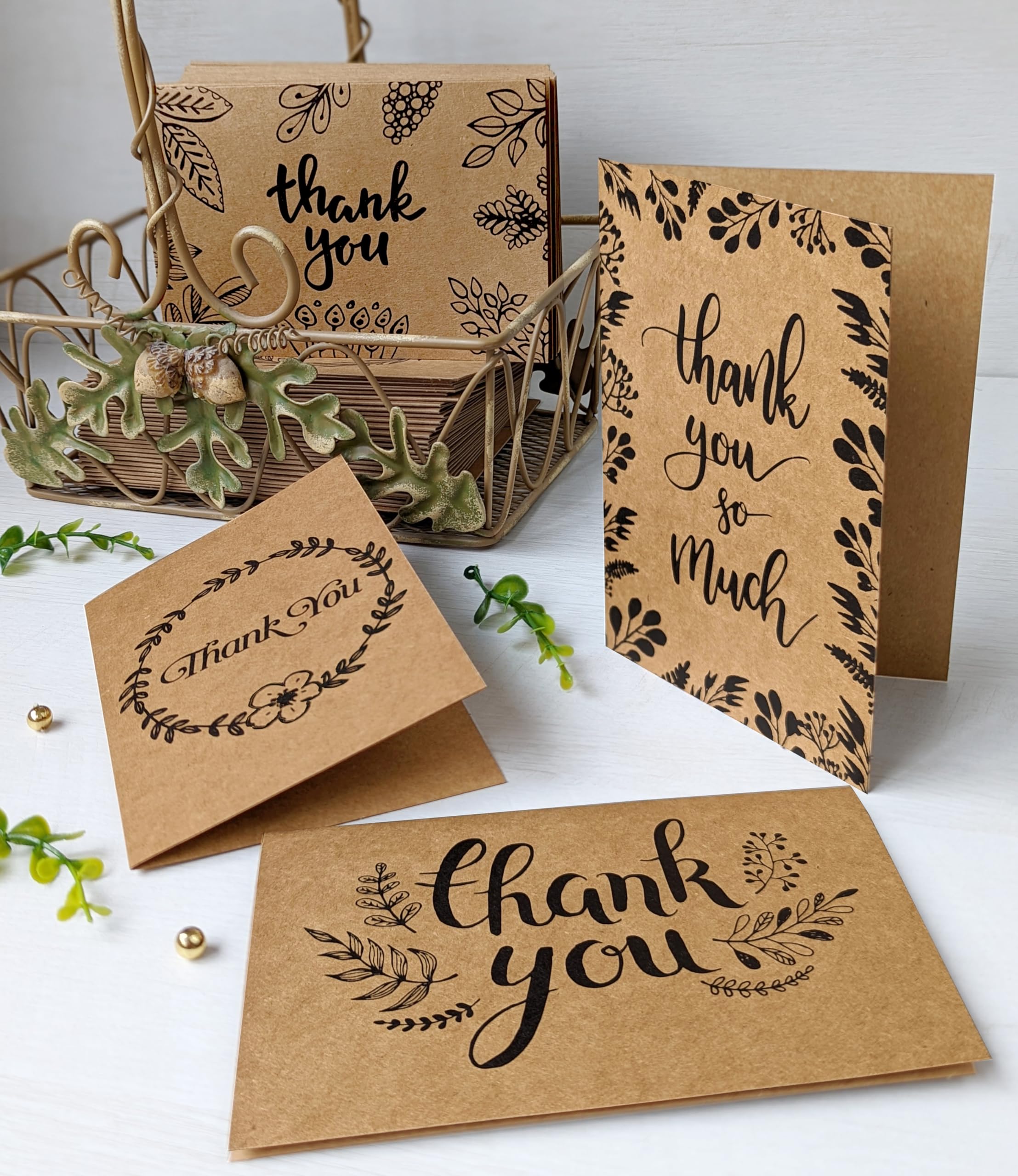 150 Thank You Cards with Matching Brown Kraft Envelopes and Stickers - Elegant 10 Designs Kraft Paper Bulk Blank Notes, Prefolded 4x6 Inch Blank