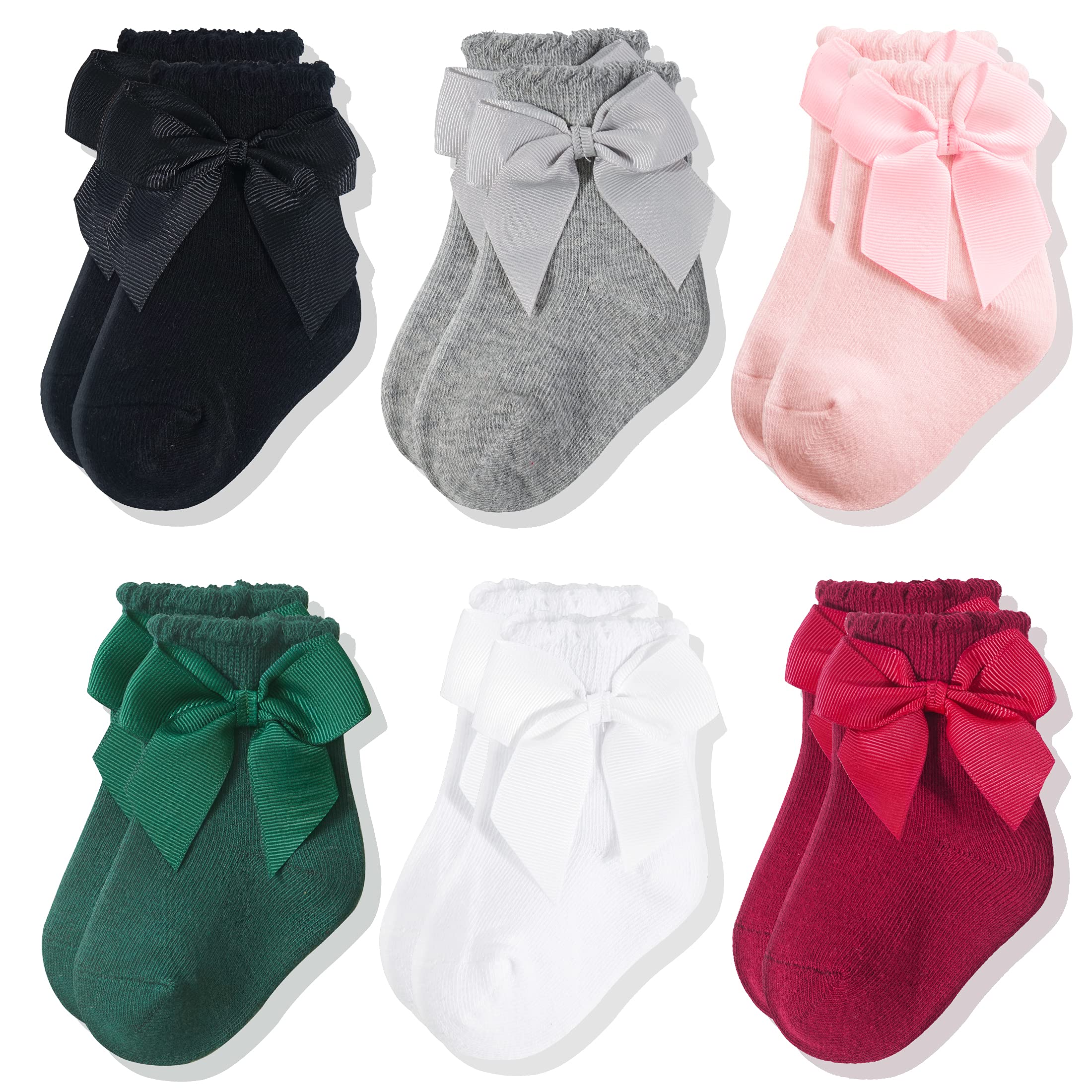 CozyWay Baby Girls Ankle Socks White Bow Toddler Infants Cotton Socks 6 Pairs For Girls, 0-9 Months