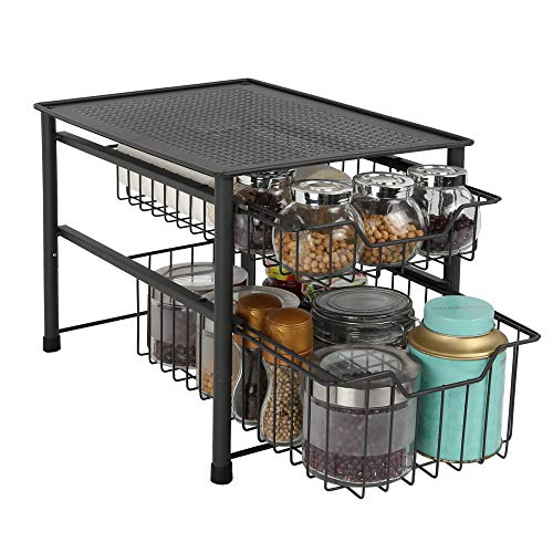 MAX Houser 2-Tier Stackable Organizer Baskets with Metal Sliding Drawers for Pantry, Under the Sink, Desktop Organizer for Bathroom,Kitchen, Office (Charcoal Grey)