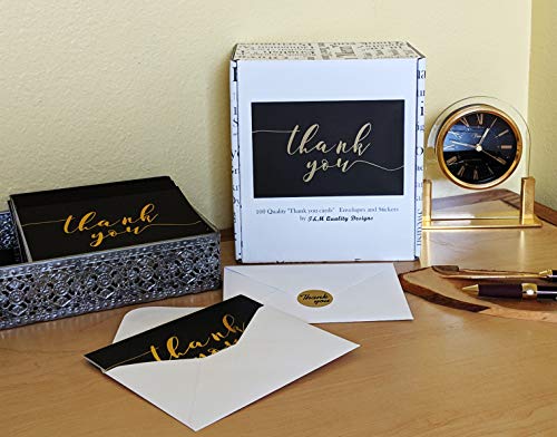 100 Thank You Cards in Black with Envelopes and Stickers - Quality Elegant Bulk Notes Embossed with Gold Foil Letters for Weddings, Graduations, Engagements, Business, Formal, Funeral, 4x6