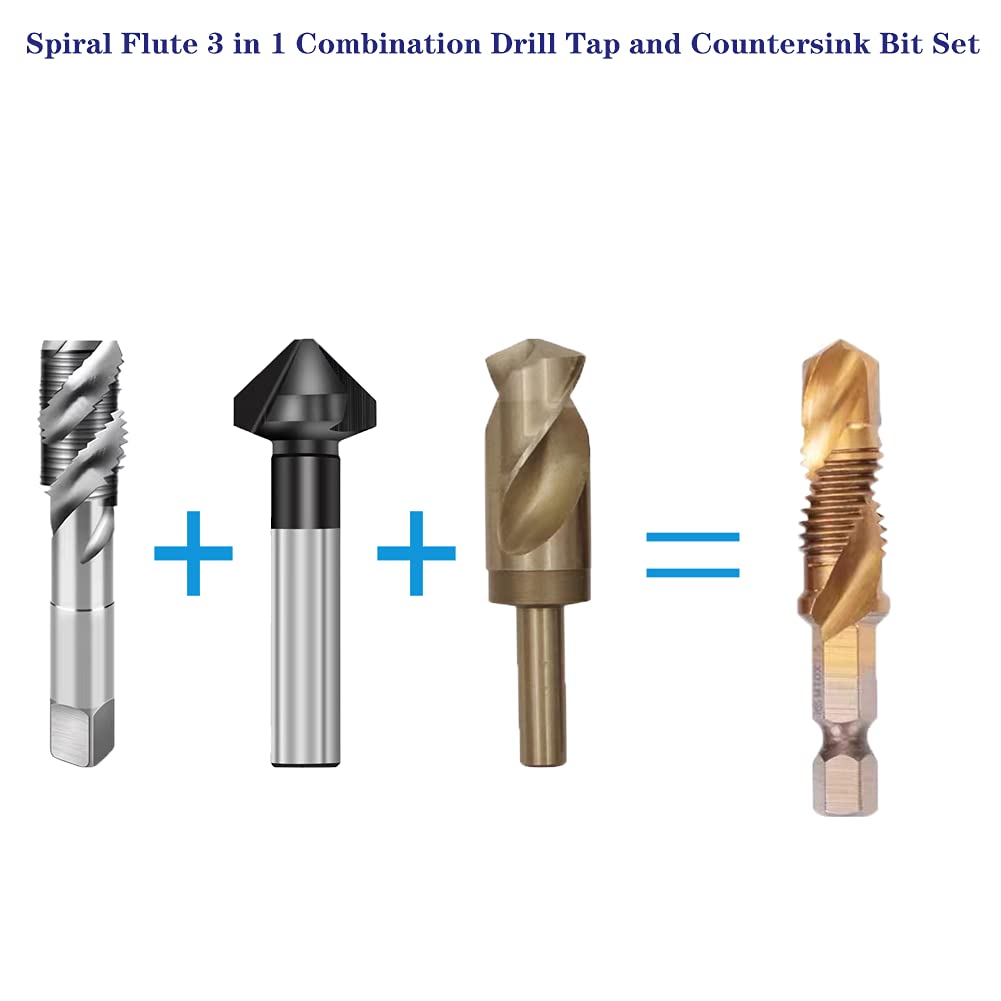 6 Pcs Titanium Combination Drill Tap HSS Bit Set,3 in 1 Drilling Tapping Burr Bit Set Screw Tapping with 1/4 Inch Hex Shank for Alloy, Wood, Plastic, Soft Metal, Etc.M3-M10(Long Handle