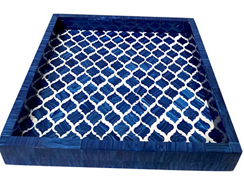 A Bone Exotic Designer Handmade Tray Kitchen Usage Coffee Table Top Drinks Serve Trays Vintage Square Blue Tray,12X12, Blue & White