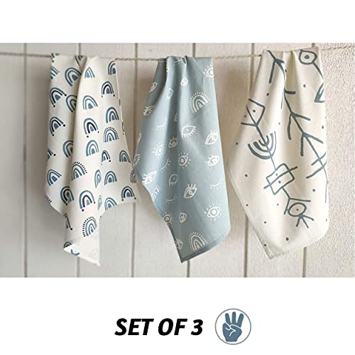 Folkulture Cotton Kitchen Towels and Dishcloths Set with Hanging Loop, Set of 3 Flour Sack Dish Towels and Dish Cloths for Drying Dishes, Highly Absorbent Decorative Tea Towels, 20 x 26 Inches, Mystic
