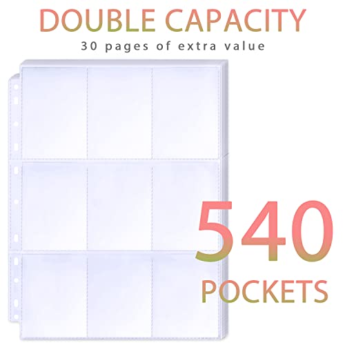 30 Pack 540 Pockets Trading Card Sleeves, Double-Sided 9 Pocket Page Protector, Ultra-Transparent Card Sheets for 3 Ring Binder, Card Sleeves for Cards, Baseball Cards