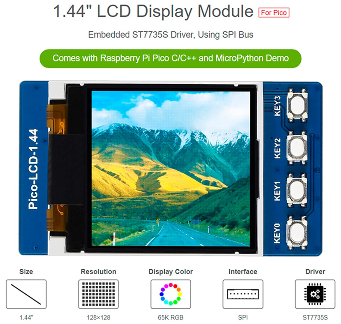 Bicool 1.44inch LCD Display Module for Raspberry Pi Pico, 128×128 Resolution TFT Display Panel 65K RGB Display Color Clear and Colorful Display Effect, ST7735S Driver SPI Interface 3.15V ~ 5V