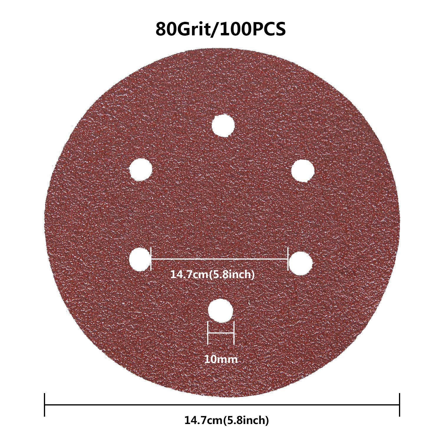 100 Pack 6 Inch 80 Grits Hook and Loop Sanding Disc 6 Holes Sand Paper for Random Orbital Sander Pads, Orbit Sander Sandpaper,Hook and Loop Round Sand Paper