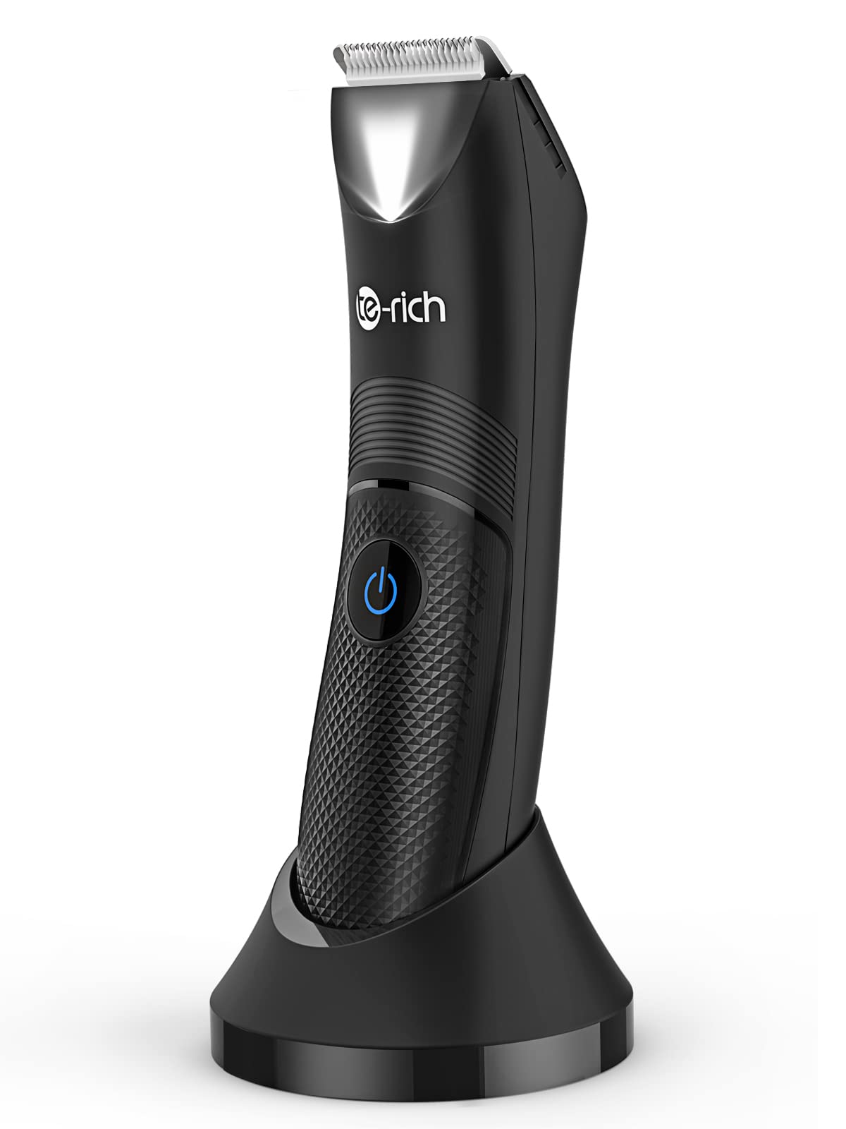 Te-Rich Body Groin Hair Trimmer for Men, Replaceable Ceramic Blade Heads, Waterproof Wet & Dry Clippers, LED Light and Standing Dock, Ultimate Male Hygiene Razor and Electric Body Shavers for Balls