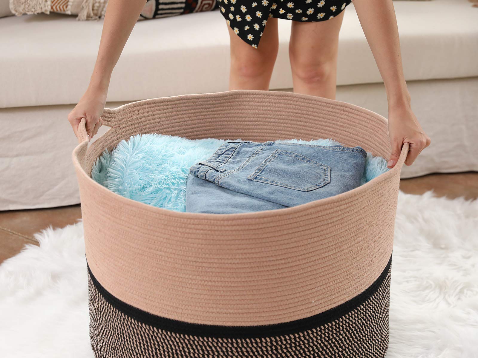 24" x 24" x 17" Max Size Large Cotton Rope Basket, Extra Large Storage Basket, Woven Laundry Hamper, Cloth Storage Bin, for Blankets Clothes Towels Pillows in Living Room, Beige Red/Black Mix