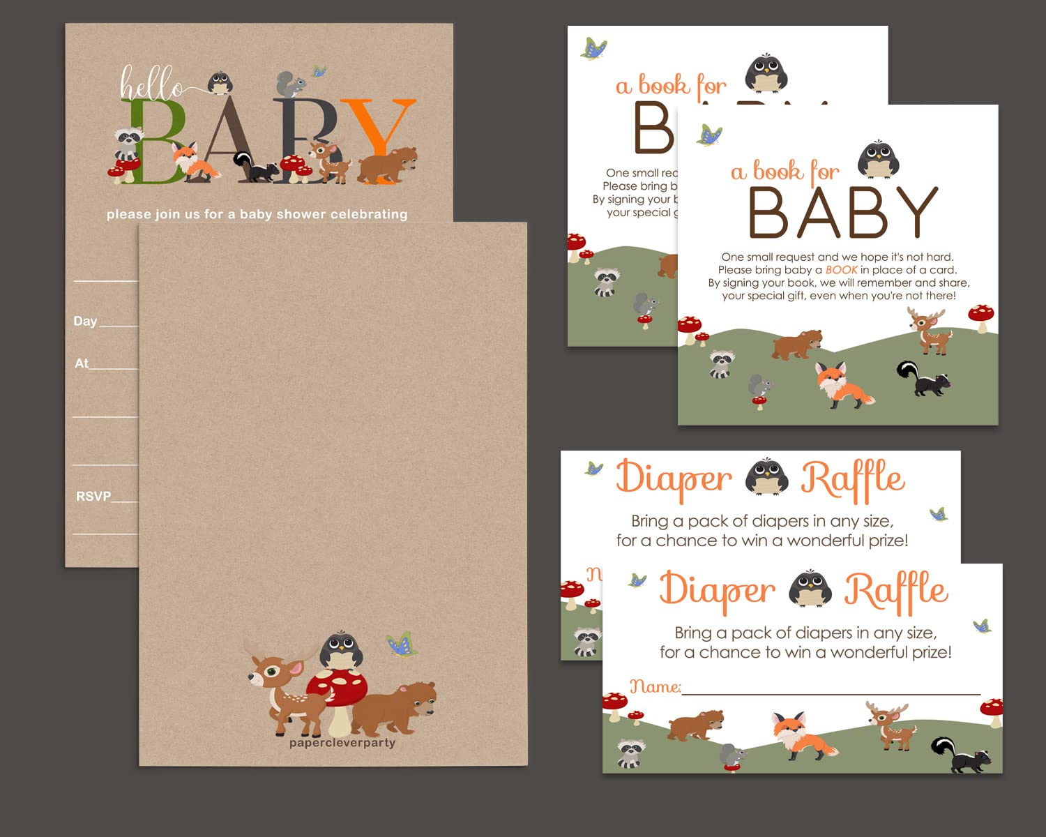 Paper Clever Party Woodland Invitation Kit for Baby Shower, Set Includes Blank Invites with Envelopes, Diaper Raffle Tickets and Bring a Book Cards, 25 of Each Design