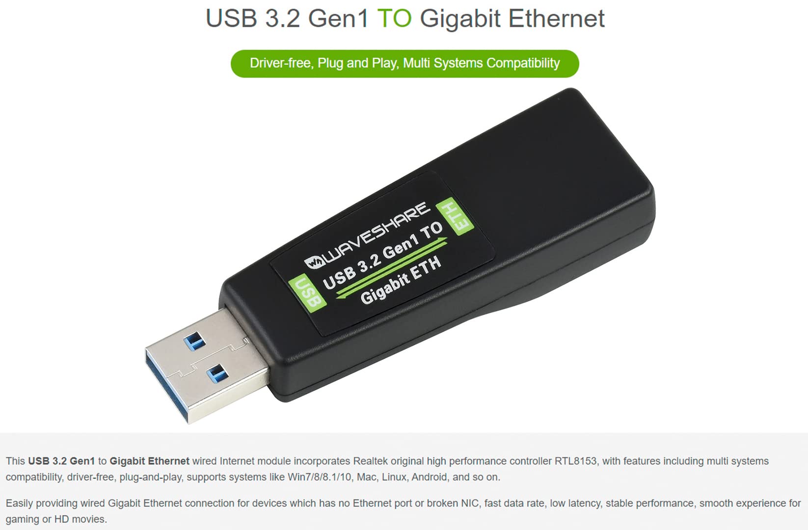 Bicool USB 3.2 Gen1 to Gigabit Ethernet Converter,RTL8153 Controller 101001000Mbps Network Standard, Driver-Free,Plug and Play,Support Multi Systems Win788.110,etc.