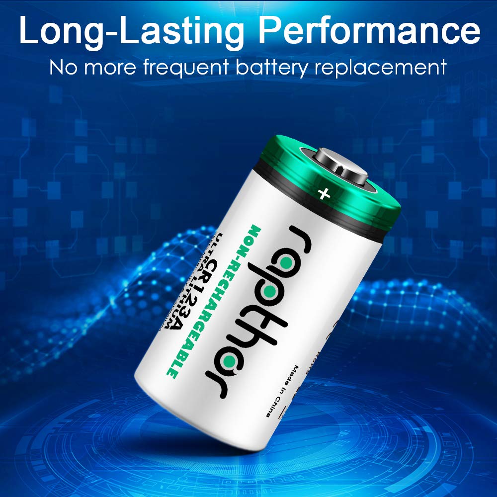 rapthor CR123A 3V Lithium Batteries CR17345 16 Pack 1650mAh High Power 123A 10 Year Shelf Life Non-Rechargeable CR123 Photo Battery 123 for Flashlight Toys Alarm System Microphones (Not for Arlo)