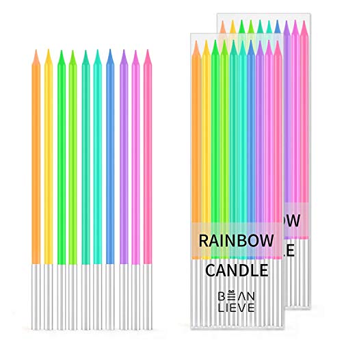 BEANLIEVE 20-Count Rainbow Birthday Candles - Colorful Birthday Candle Long Thin Cake Candles Cupcake Candles for Birthday, Wedding & Lucky Party Cake Decorations