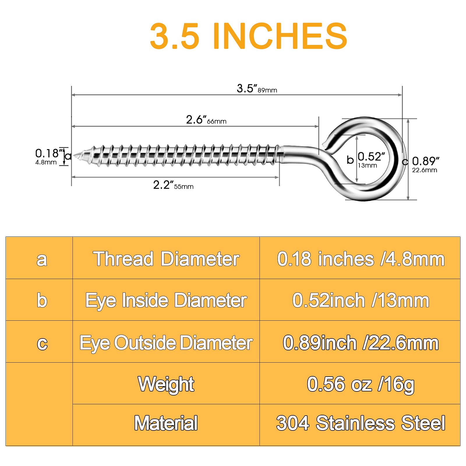 Eye Hooks Screw in Heavy Duty,304 Stainless Steel Eye Bolt,3.5 Inches Long Eye Screws Ring ,Swing Hooks for Hammock Stand, Swings Chair,Yoga , Indoor & Outdoor,Self Tapping Screws 4 Pack