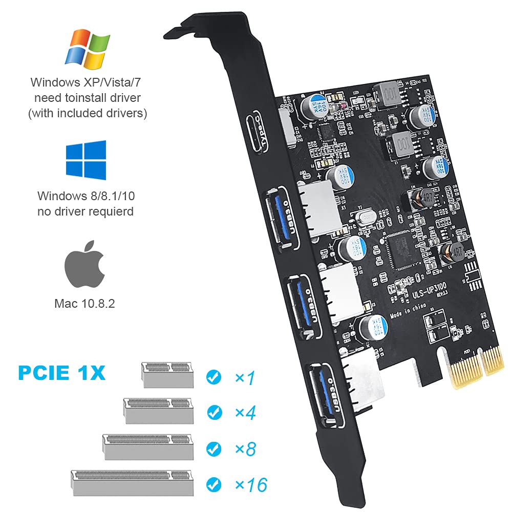 PCI-E to USB3.0 Super Fast Expansion Card 4 Ports(1xUSB-C-3xUSB-A), PCI Express USB Add in Card, Internal Converter PCI Express Expansion Card for Desktop PC Card, Support WindowsXP/7/8/10 and MAC OS