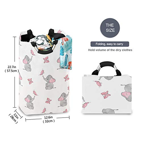 AGONA Cute Elephants Pink Butterflies Laundry Basket with Handles Large Storage Bin Collapsible Fabric Laundry Hamper Foldable Laundry Bag for Kids Room Toy Bins Gift Baskets Bedroom Baby Nursery